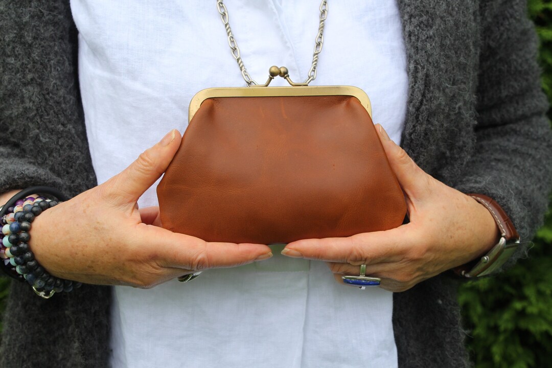Tan Leather Clip Purse, Miranda, Clasp Purse Tan Leather, Kiss Lock ...