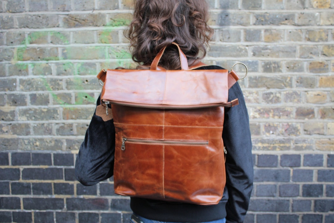 Convertible Backpack Bag Tan Leather, Multiple Pockets Inside and Out ...