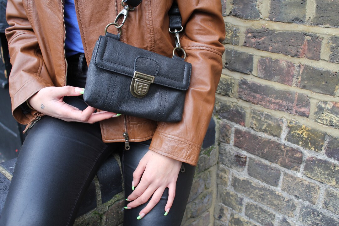 Jilly Mini Black Leather Bumbag, Back Belt Loops, Inner Pocket, Back ...