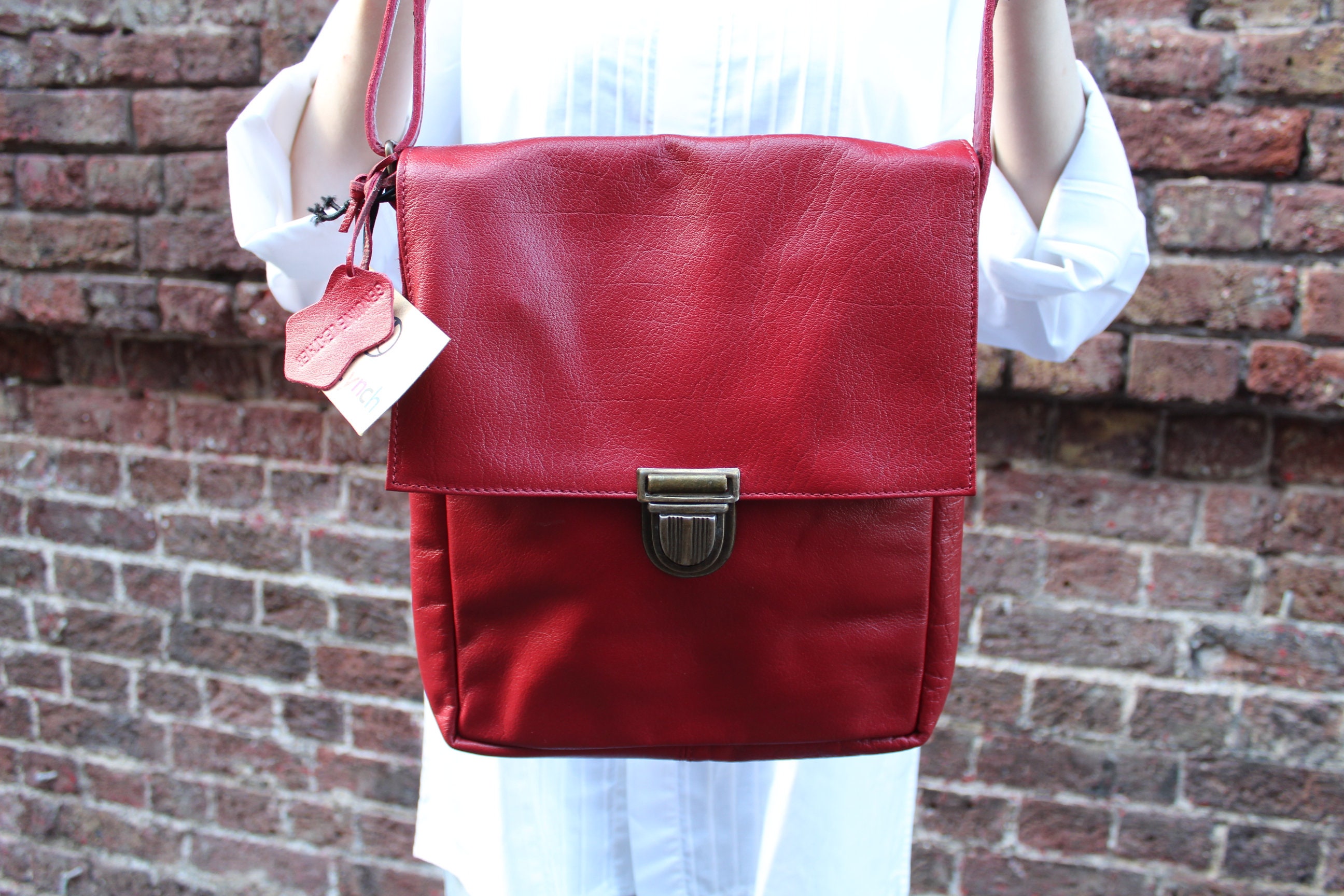 Messenger Bag, Medium Envelope Red Leather, Attached Zip Messenger Bag, Medium Envelope Red Leather, Attached Zip