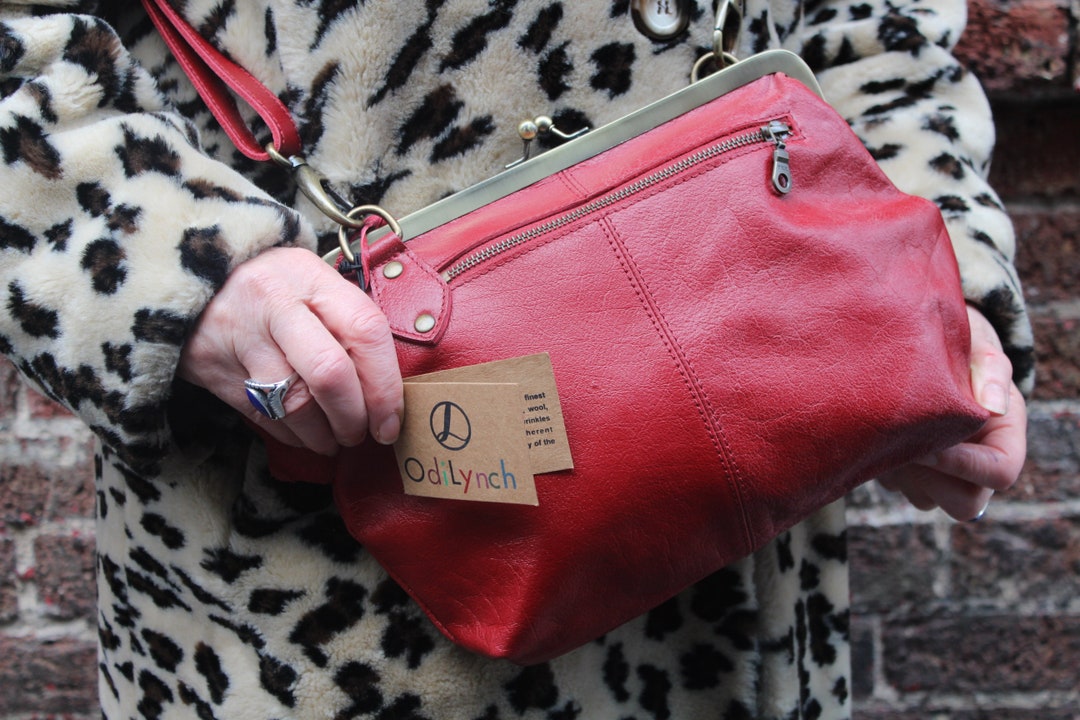 Red Leather Top Clip Handbag, Medium Size, Cross Body Purse With Clasp ...