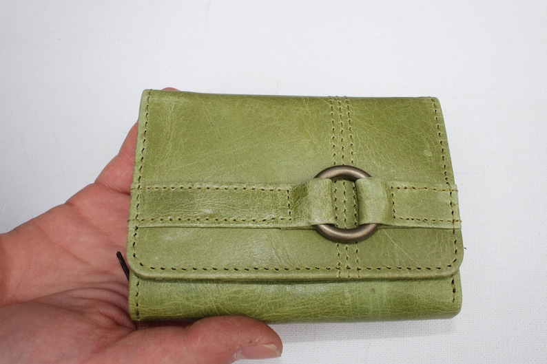 Apple Green Leather Trifold Wallet: Ring Accent, Card Slots - Etsy