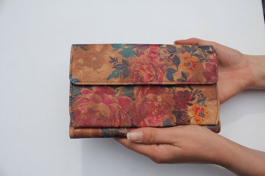 Huge Travel Wallet in Printed Floral Leather, Handmade Big Clutch Purse ...