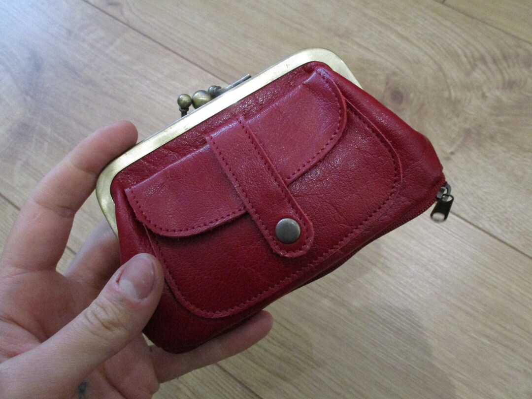 Coin Clip Purse With Bottom Zip, Red Leather Purse, Front Pocket, Amy ...