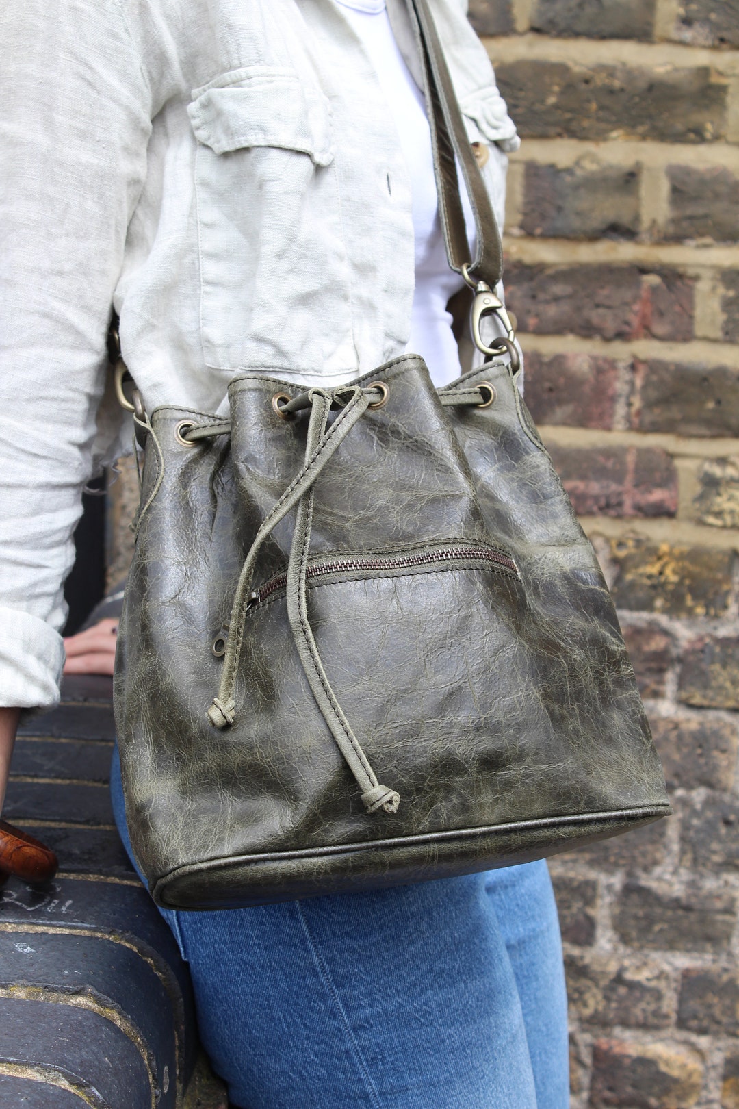 Bucket Bag Olive Distressed, Small Duffel, Drawstring Bag, Tough ...