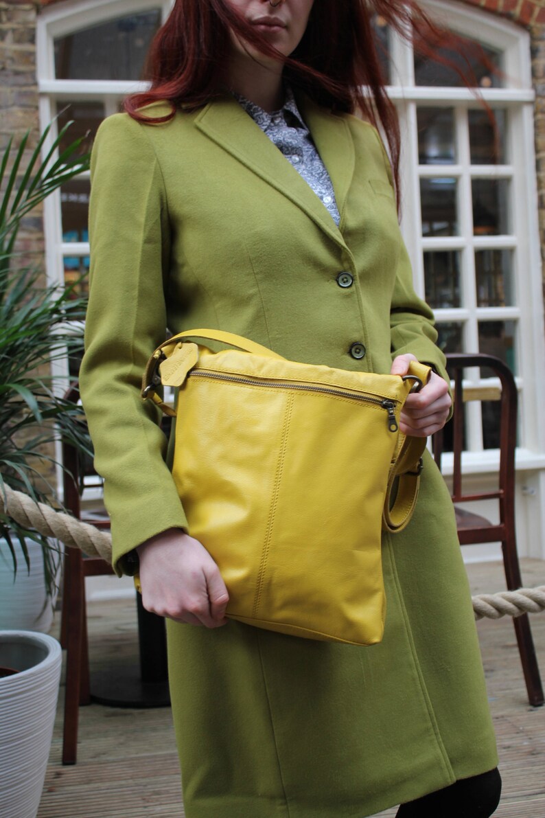 Yellow Leather Messenger Bag Amelie Slanted Front Zip Back - Etsy