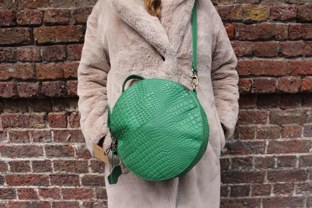 Emerald Green Round Handbag, Croco Printed Leather Bag, Circular Irish ...