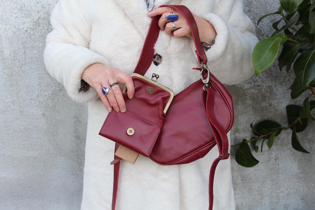 Red Leather Kiss Clasp Wallet,dark Red Leather Ball Clasp Purse Wallet ...