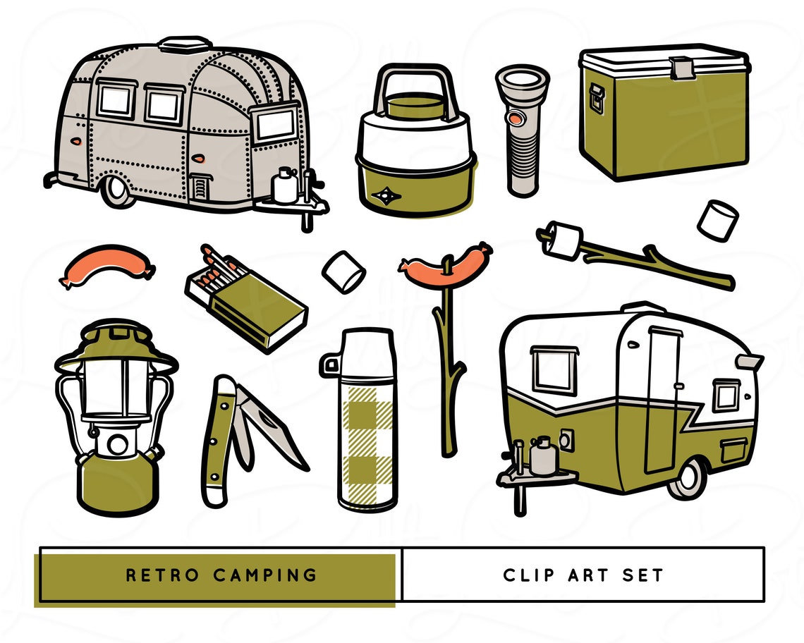 Retro Camping Clip Art Digital Stickers Retro Planner Vintage Camping ...