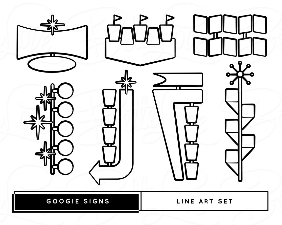 Googie Signs Line Art Retro Clipart Mid Century Modern Cricut Cutter ...