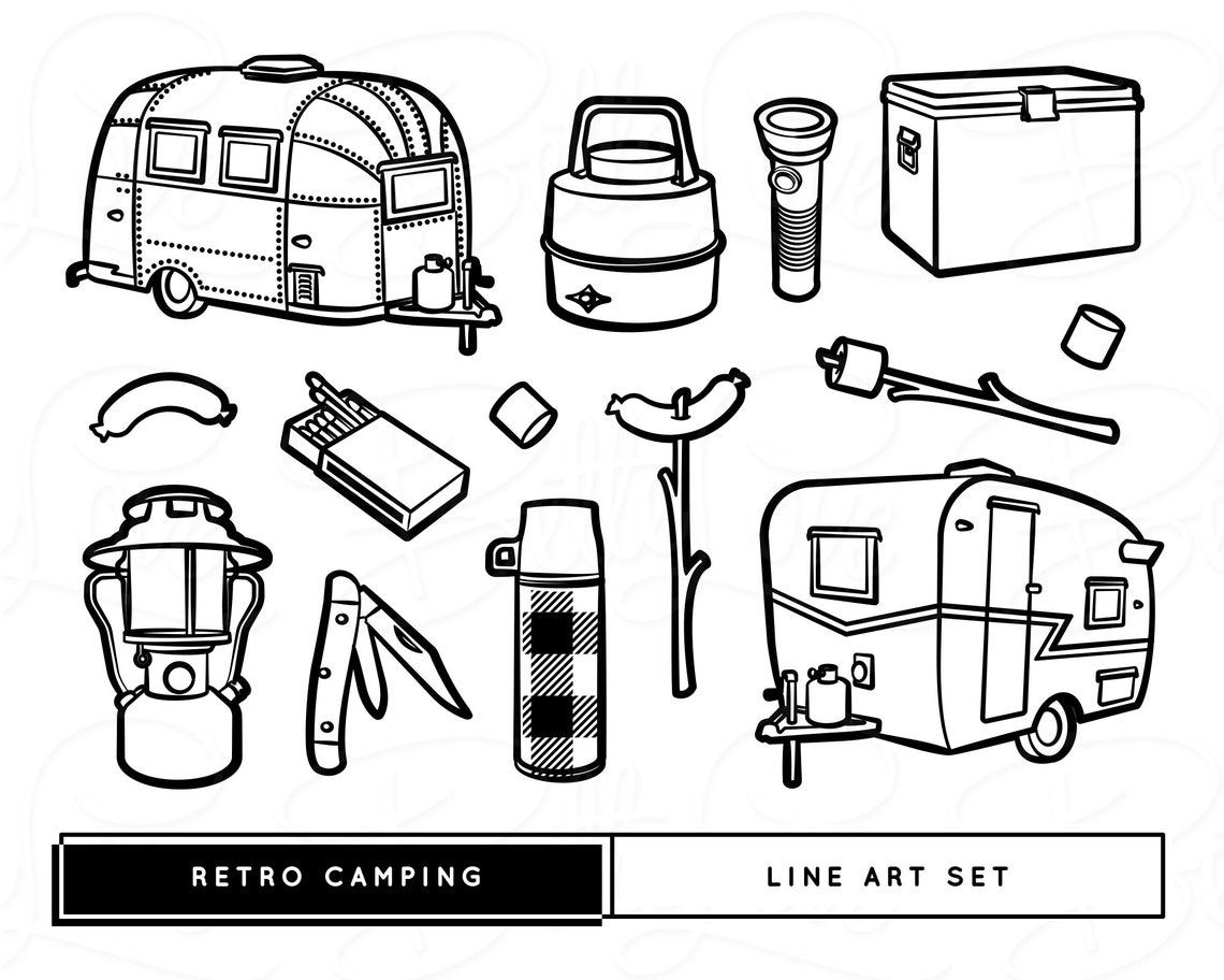Retro Camping Line Art Set, Retro Clipart, Vintage Camping Clipart ...