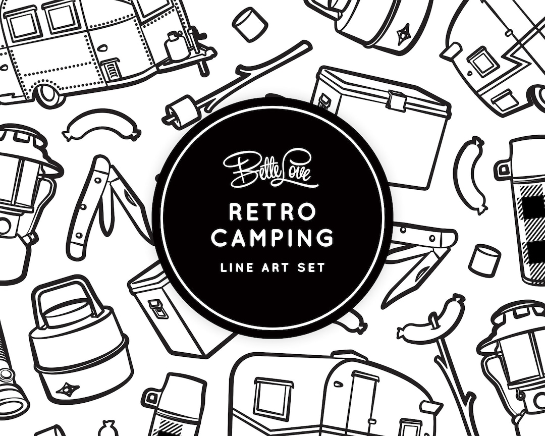 Retro Camping Line Art Set, Retro Clipart, Vintage Camping Clipart, Camper Clipart, Vintage ...