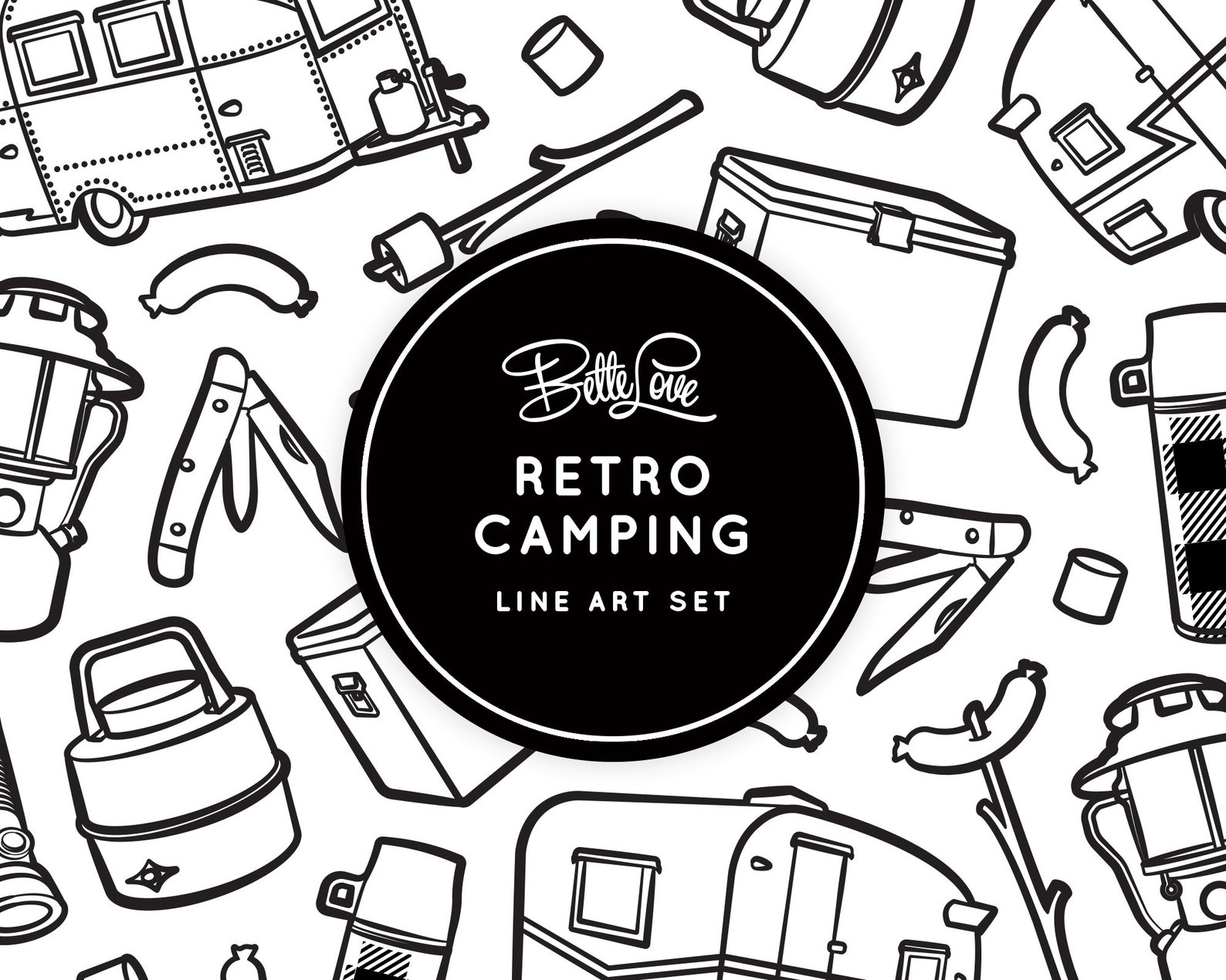 Retro Camping Line Art Set, Retro Clipart, Vintage Camping Clipart ...