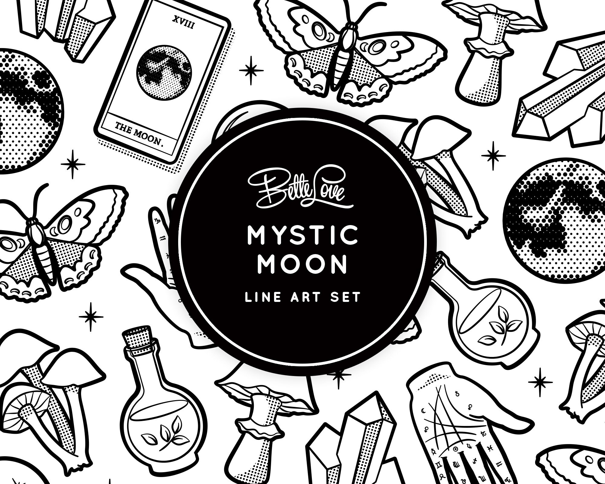 Halloween Line Art Witch Clip Art Mystic Moon Planner Stickers Magic ...