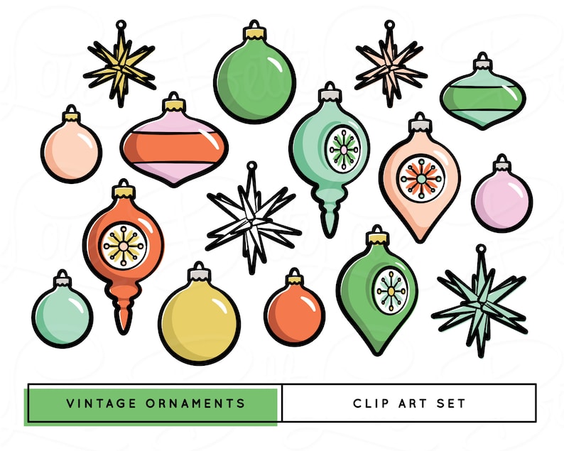Christmas Clip Art, Vintage Christmas Ornaments, Retro Ornaments Clip ...
