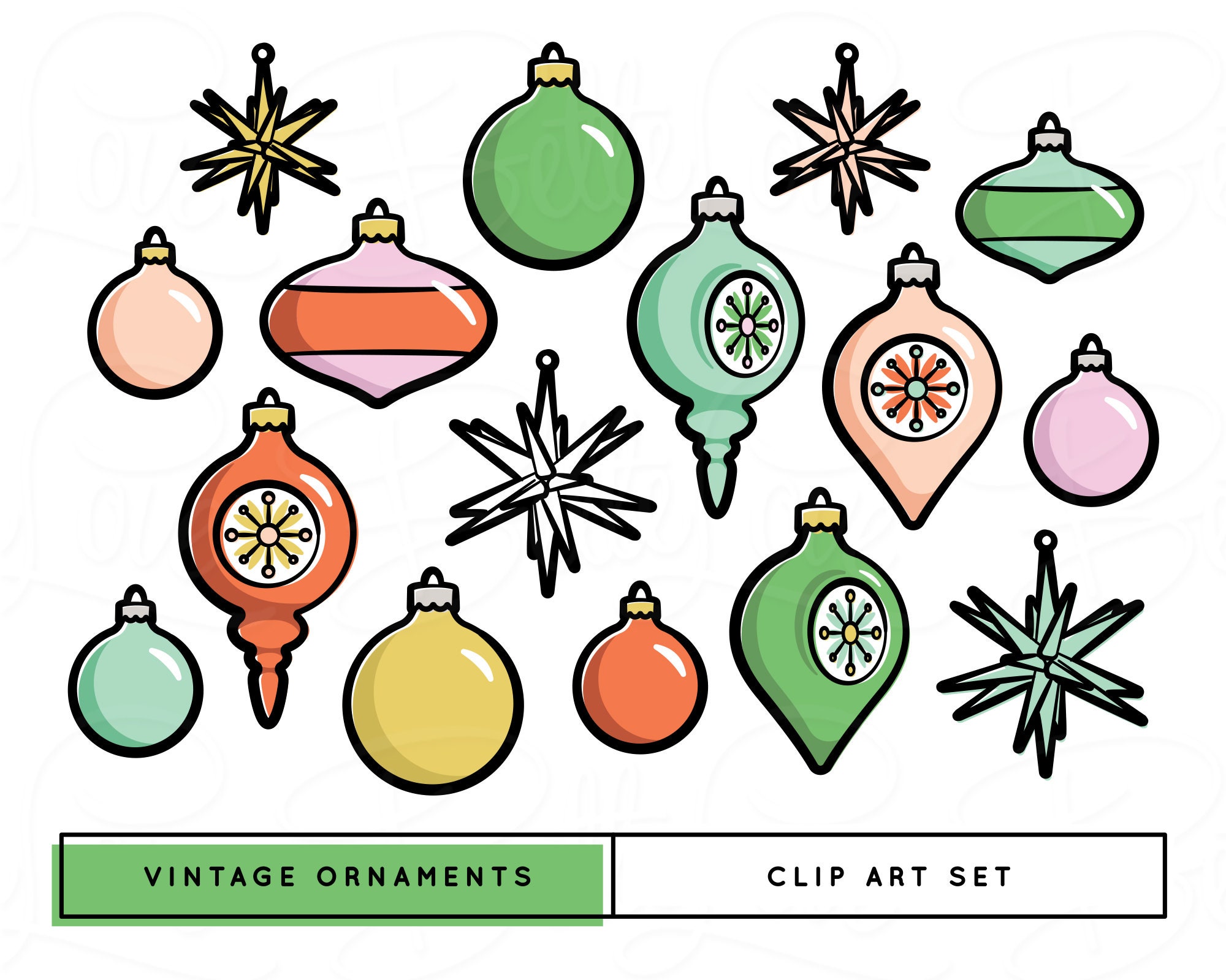Christmas Clip Art, Vintage Christmas Ornaments, Retro Ornaments Clip ...