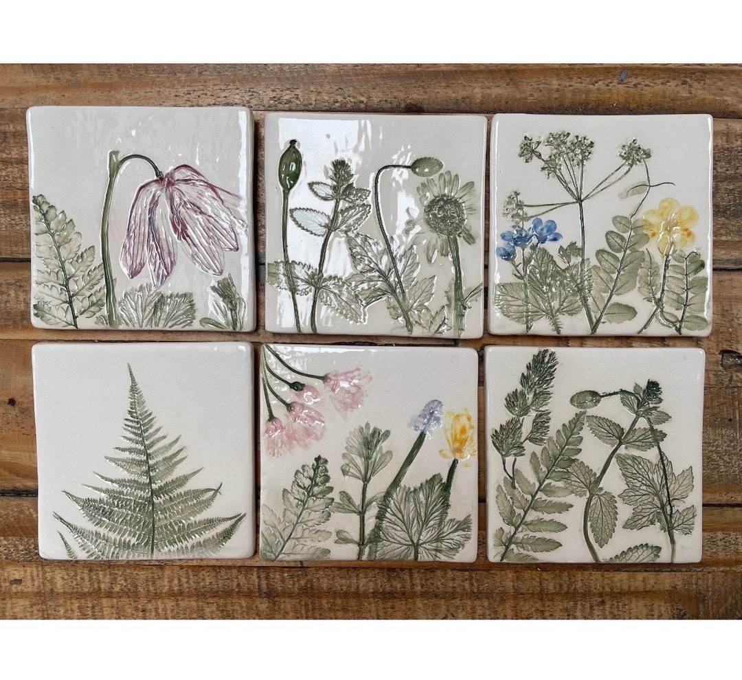 Botanical Spring Ceramic Tiles 9cm Fritillaria Cowparsley Fern Blossom ...