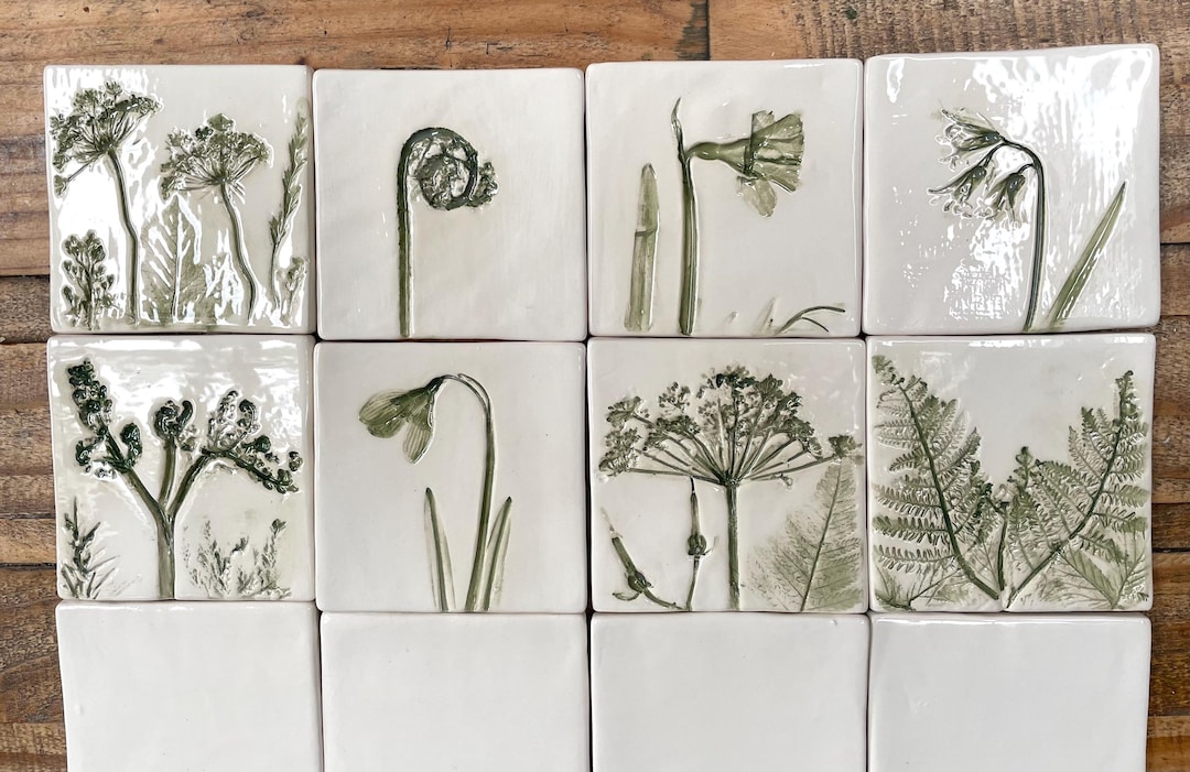 Botanical Spring Ceramic Tiles 9cm Snowdrops, Fern, Daffodils ...