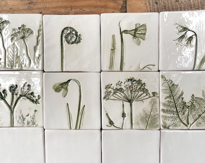Botanical Spring Ceramic Tiles 9cm Snowdrops, Fern, Daffodils ...