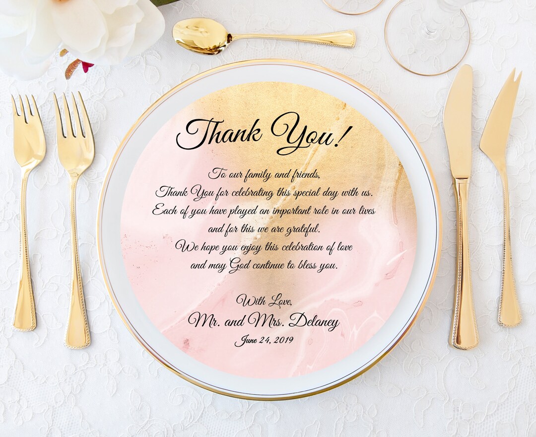 Wedding Thank You Message for Charger Plate, Blush Gold Marble Round ...