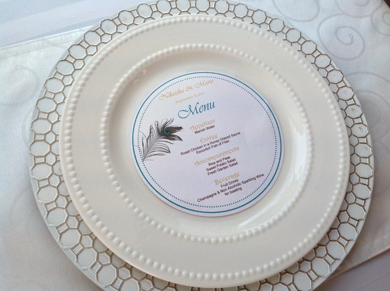 Wedding Menu Peacock Plate Menu Round Menu Card Circle - Etsy