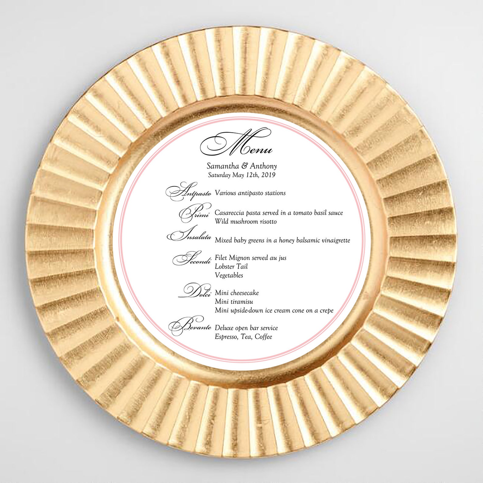 Round Blush Pink Charger Plate Menu Card, Rehearsal Dinner Menu, Dinner ...