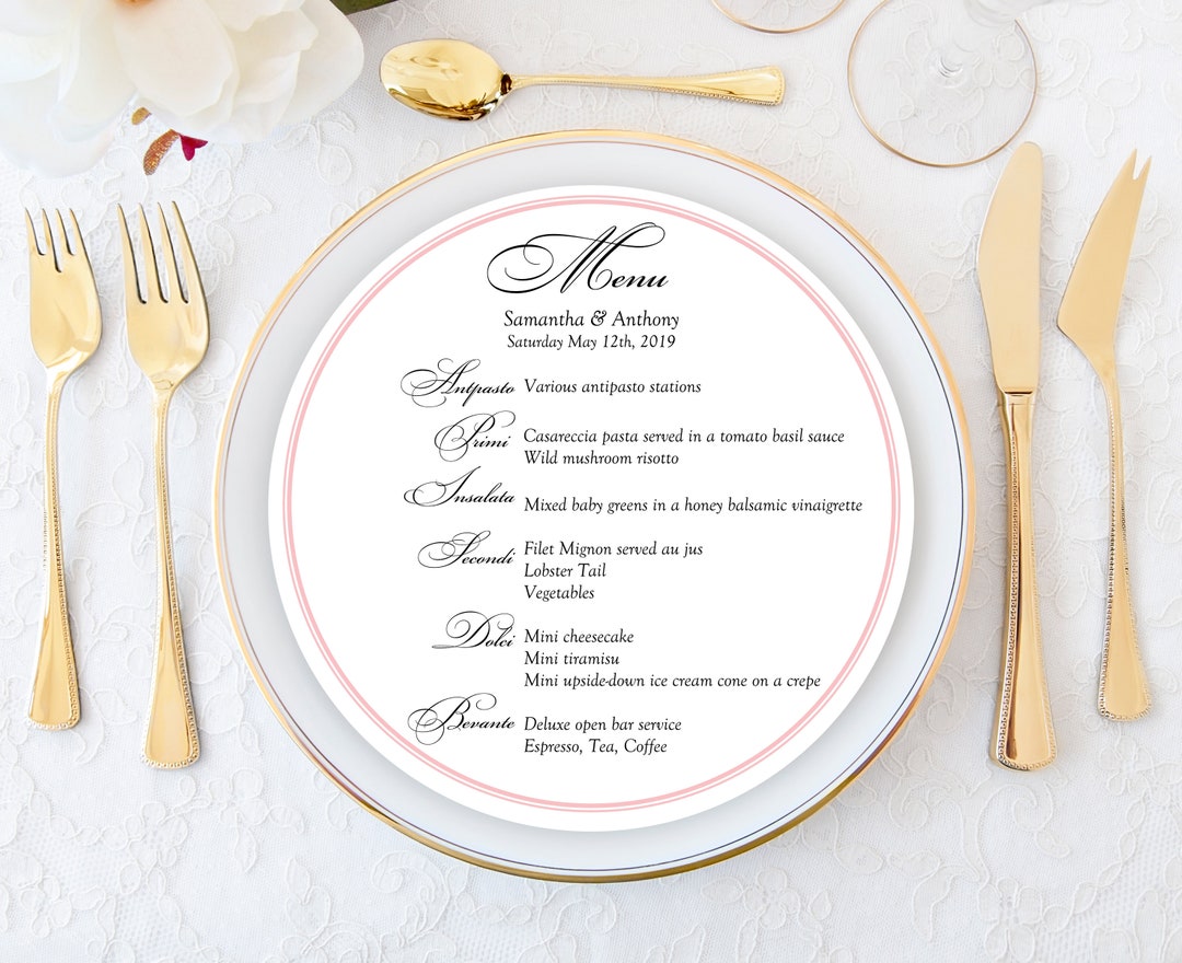 Round Blush Pink Charger Plate Menu Card, Rehearsal Dinner Menu, Dinner ...