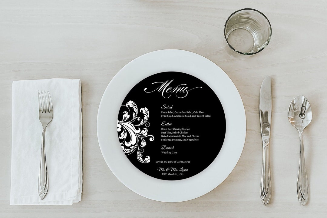 Black & White Menu Cards, Round Menu Cards for Charger Plates or Dinner ...