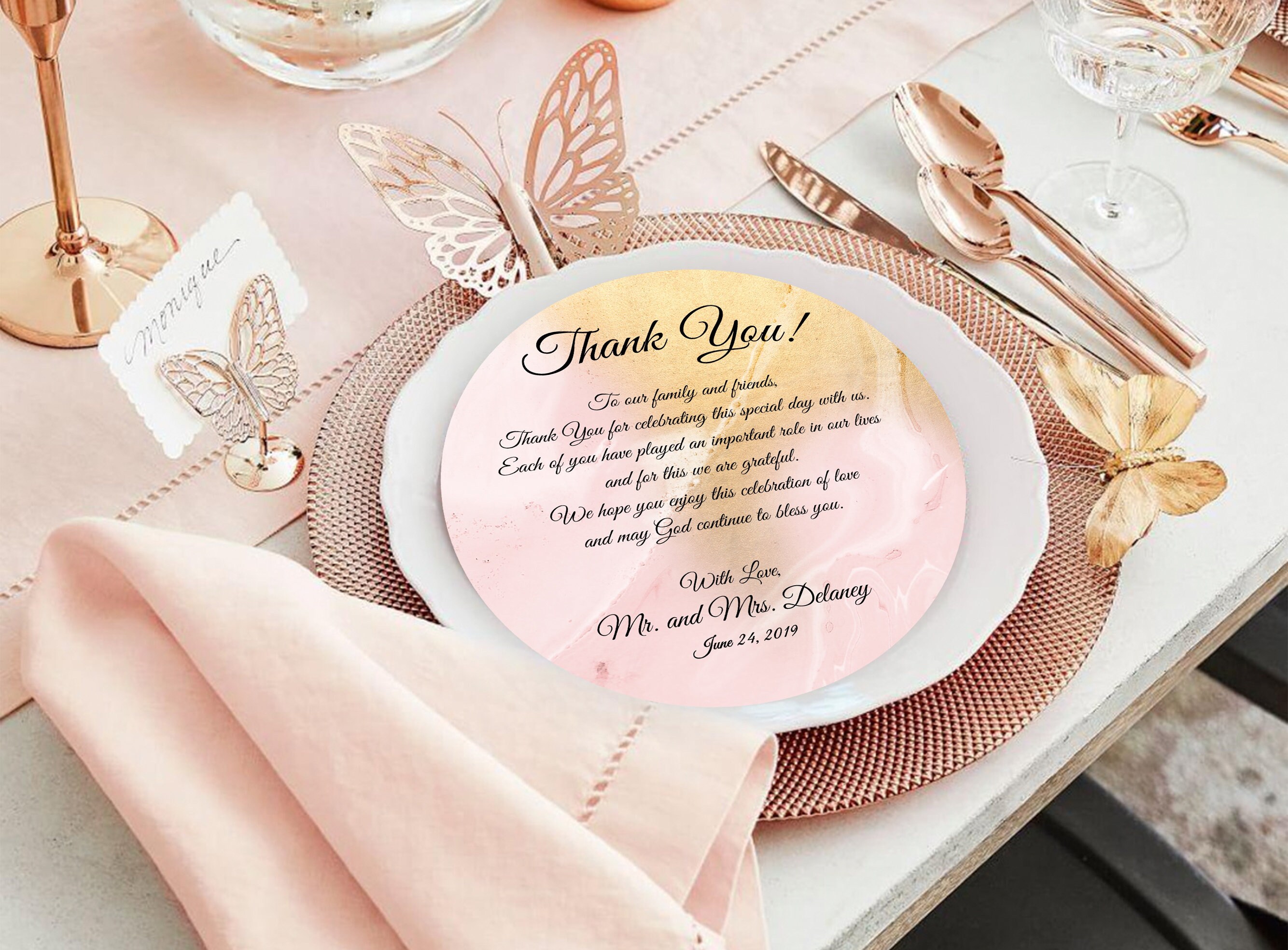 Wedding Thank You Message for Charger Plate, Blush Gold Marble Round ...