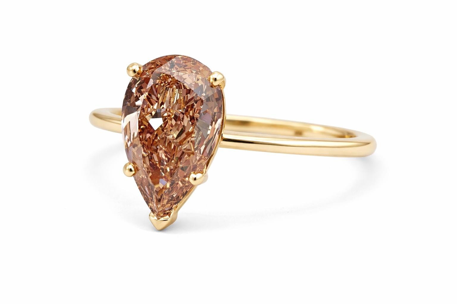3ct Engagement Ring Champagne Drop Cut Diamond 14K Yellow Gold Rounded ...