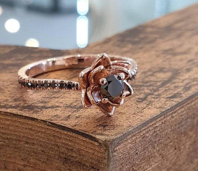 Rose Gold Black Diamond Flower Engagement Ring Unique | Etsy