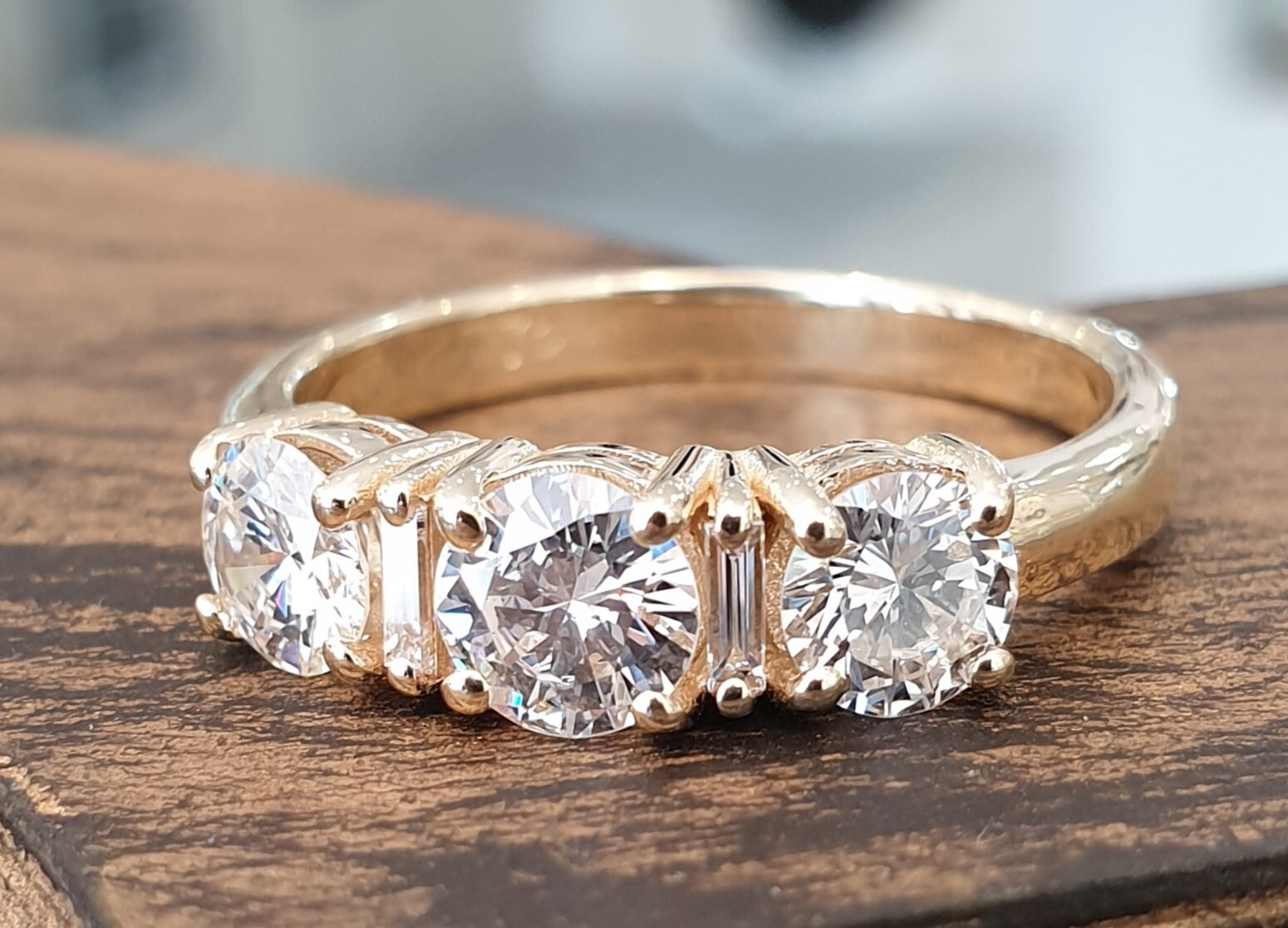 Unique Engagement Ring 14k Yellow Gold Round And Baguette | Etsy