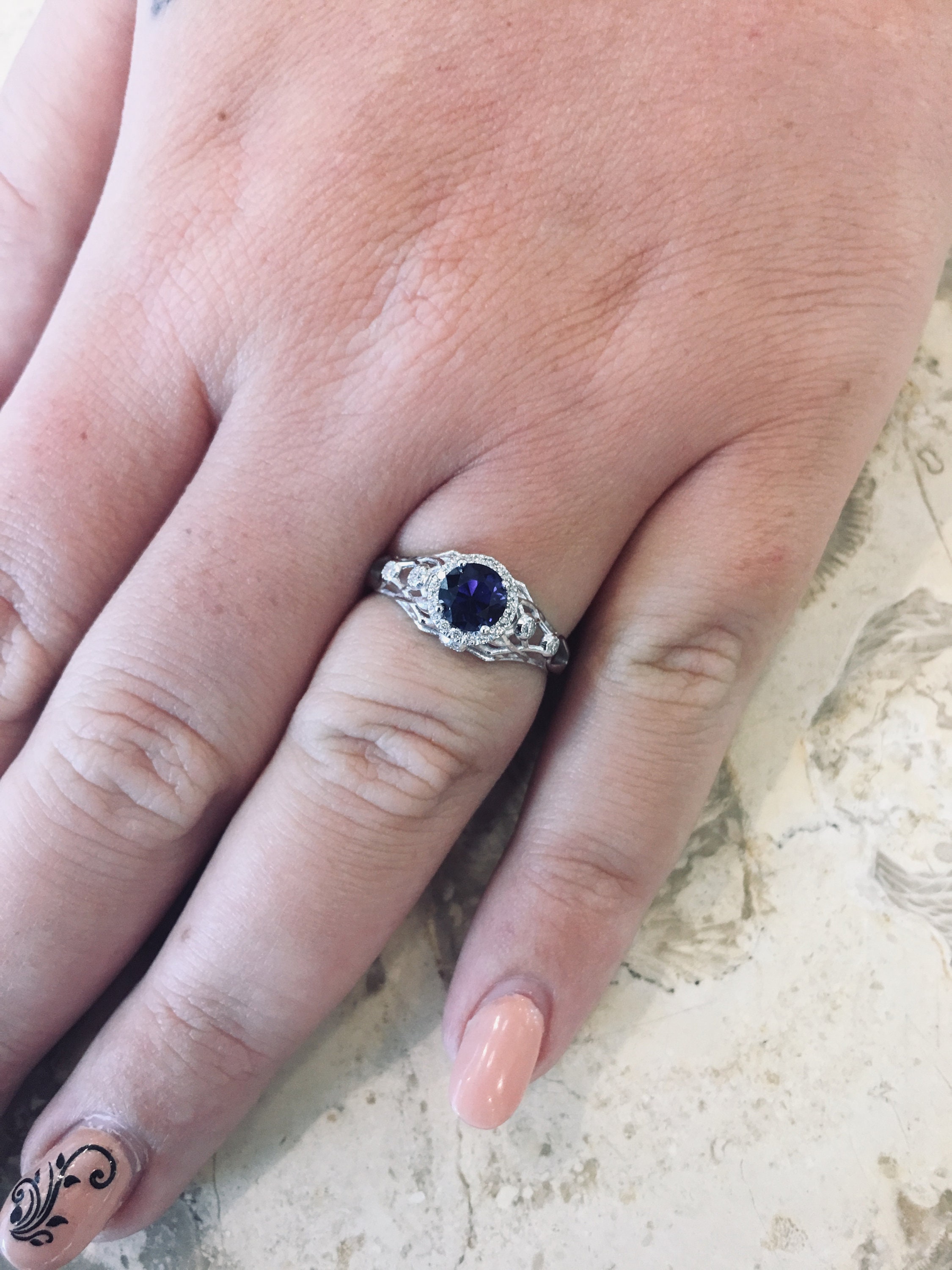Blue Sapphire Engagement Ring White Gold Filigree Band | Etsy