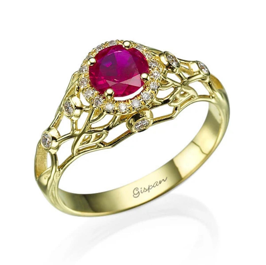 Filigree Ruby Engagement Ring 14k Yellow Gold Diamonds Band, Gemstone ...