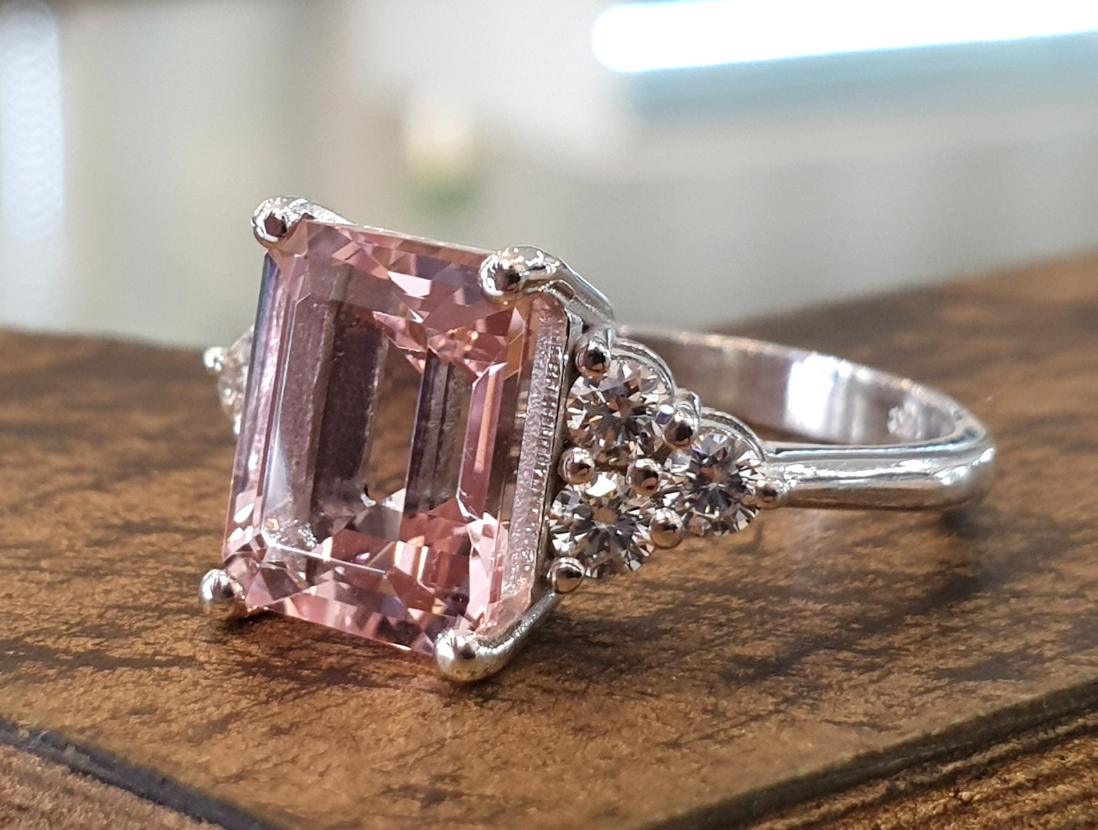 3CT Pink Morganite Engagement Ring Emerald Cut 14k White Gold | Etsy
