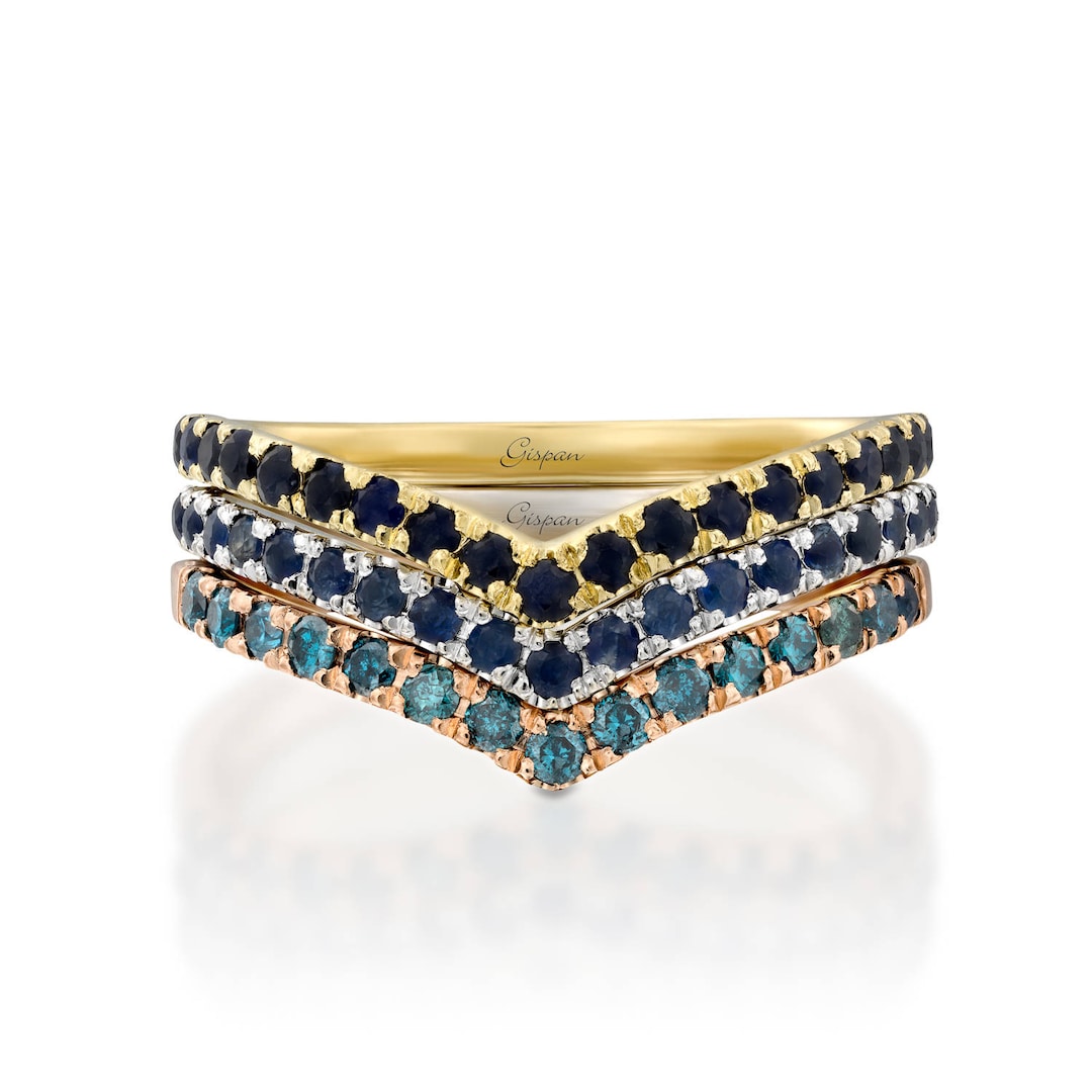 Triangle Ring Three Color 14K Gold Band Blue Diamond and Sapphire, V ...