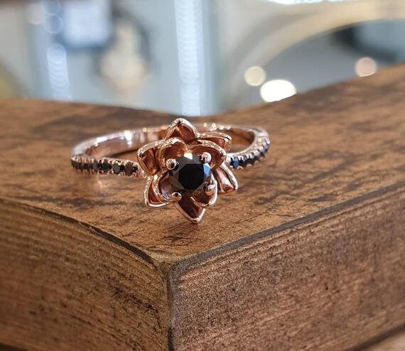 Rose Gold Black Diamond Flower Engagement Ring Unique | Etsy