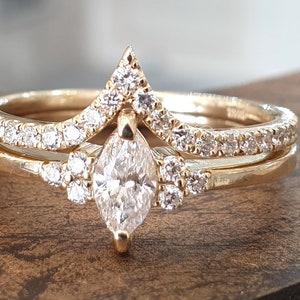 Wedding Ring Set Marquise Diamond Engagement Ring Matching Band 14k ...