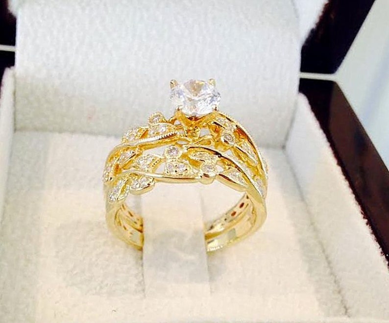 Leaves Engagement Set Yellow Gold 14k Wedding Set Antique - Etsy