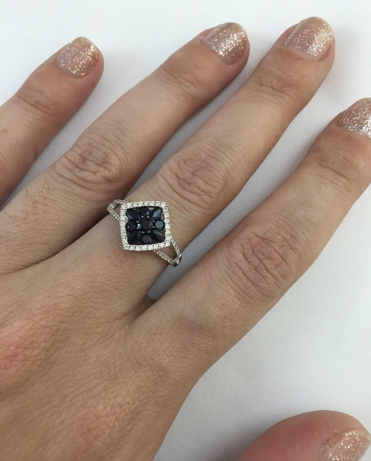 Blue Sapphire Ring, Engagement Ring, Square Ring, White Gold Ring ...