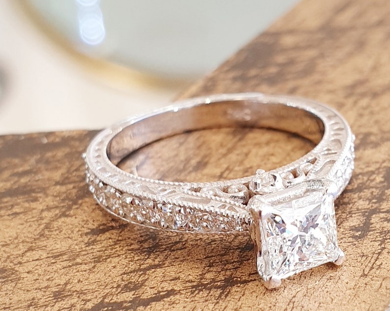 Antique Engagement Ring Princess Cut 0.80 Diamond 14k White | Etsy