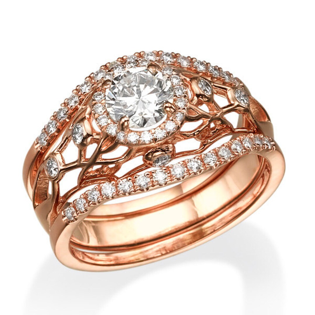 Filigree Engagement Ring Set Rose Gold Diamond Matching Rings - Etsy
