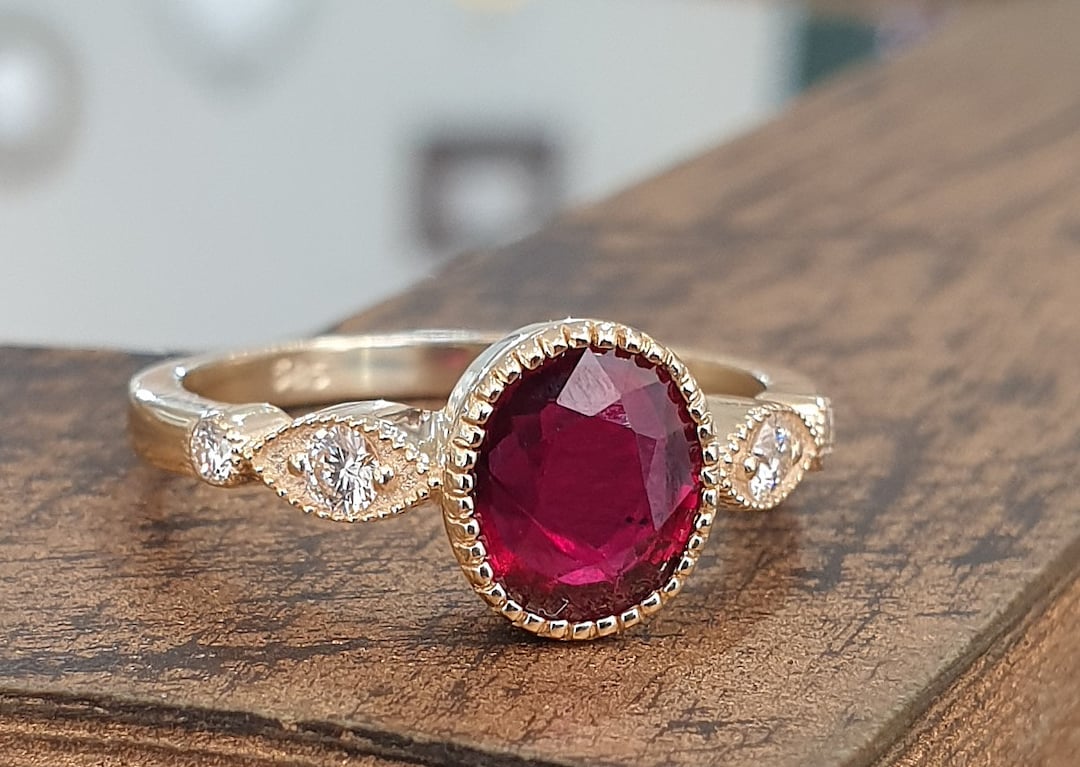 Ruby Engagement Ring 14k Yellow Gold Oval 1CT Natural Ruby and Diamonds ...