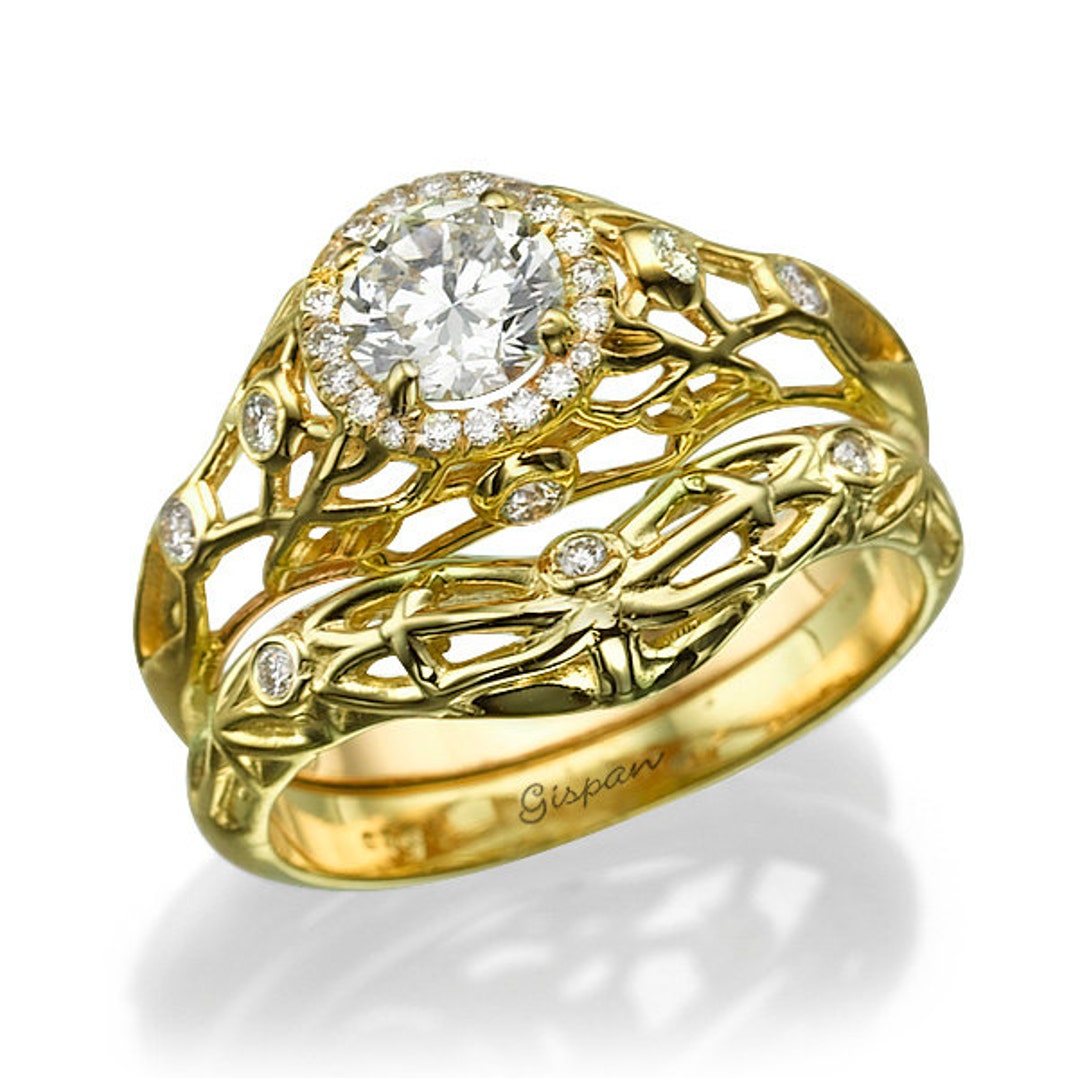 Engagement Ring Set in 14k Yellow Gold With Diamonds, Engagement Set ...