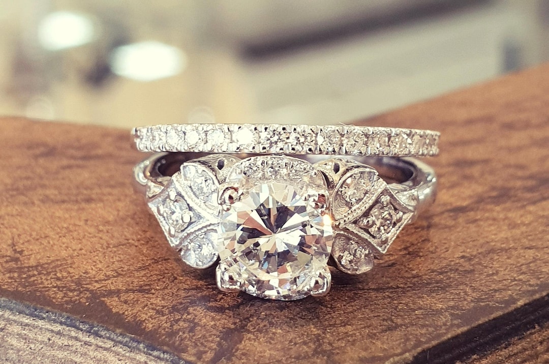 Rings Engagement Set Diamond 14k White Gold Vintage Style Eternity ...