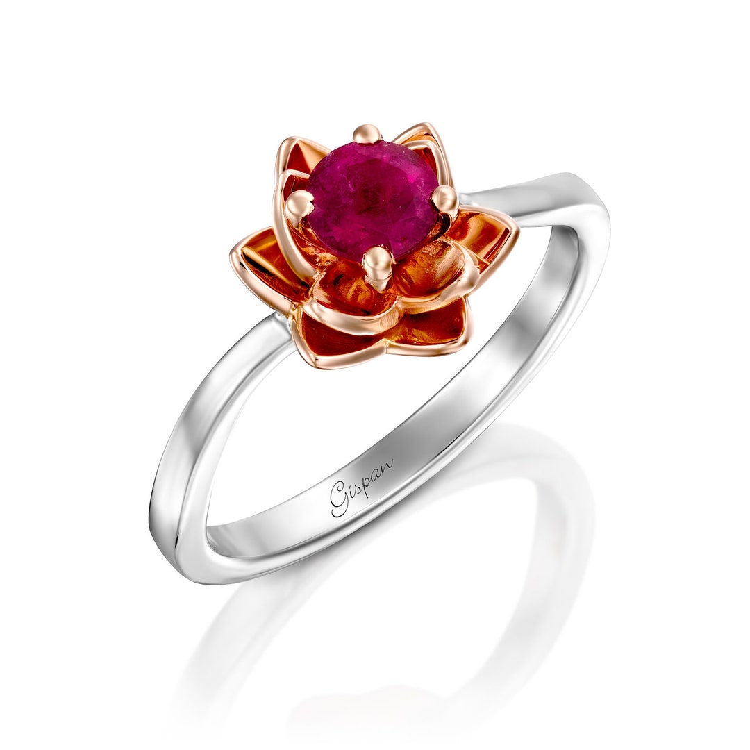 Ruby Flower Ring White&rose Gold, Unique Engagement Ring, Promise Ring ...