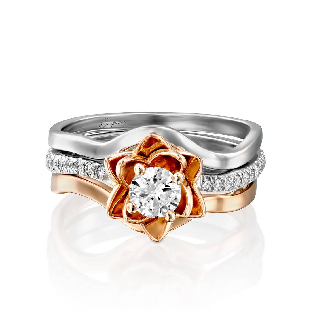 Flower Engagement Ring, Gold Engagement Set, Wedding Ring, Floral Ring ...