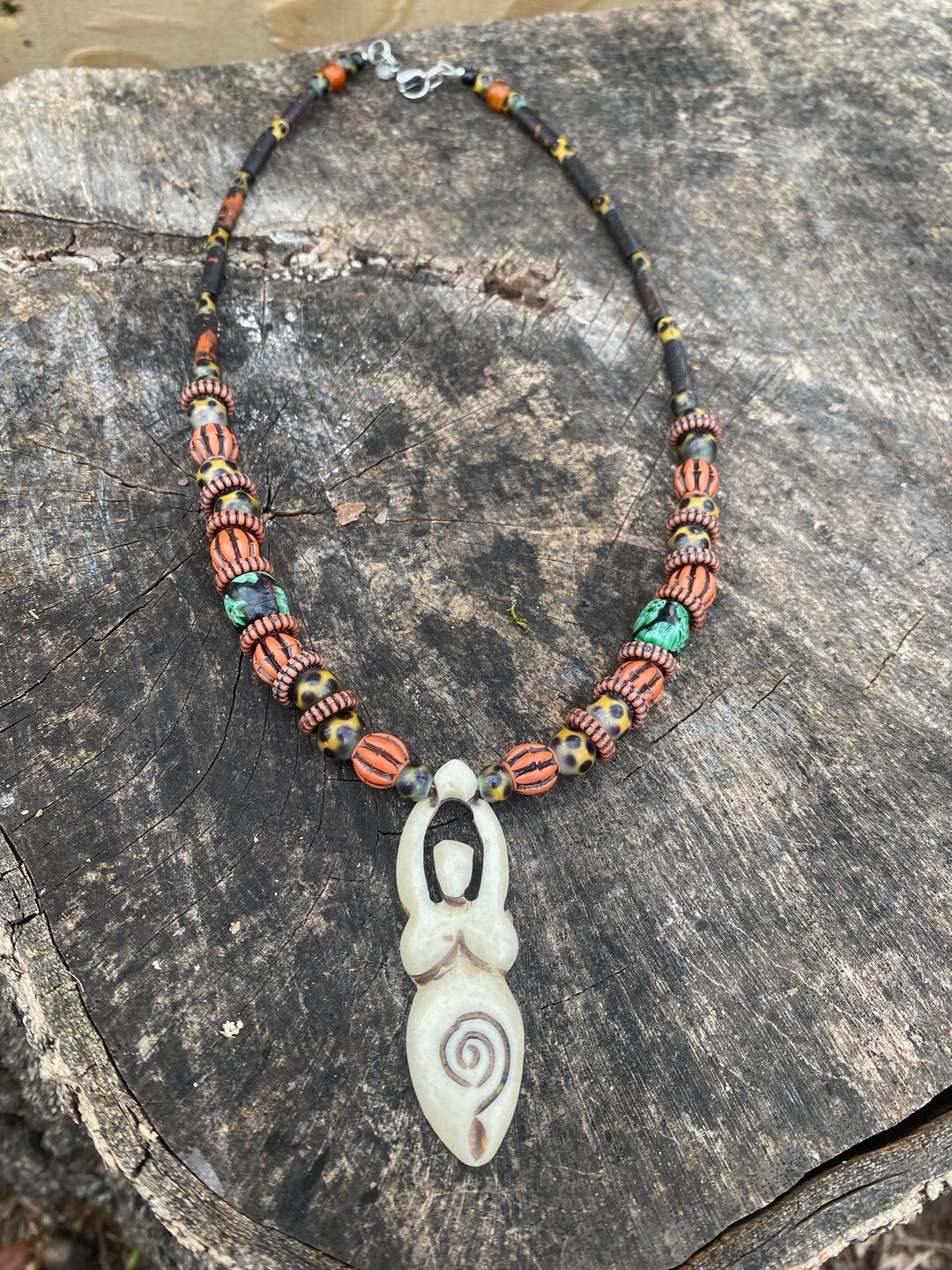 Turquoise, Bone, and Lampwork Necklace - Etsy