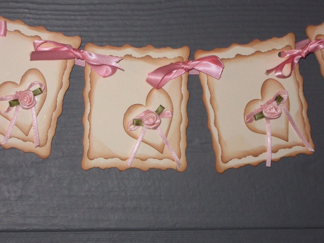 Pink Hearts Banner, Pink Flower Hearts, Vintage, Pink Hearts Banner ...
