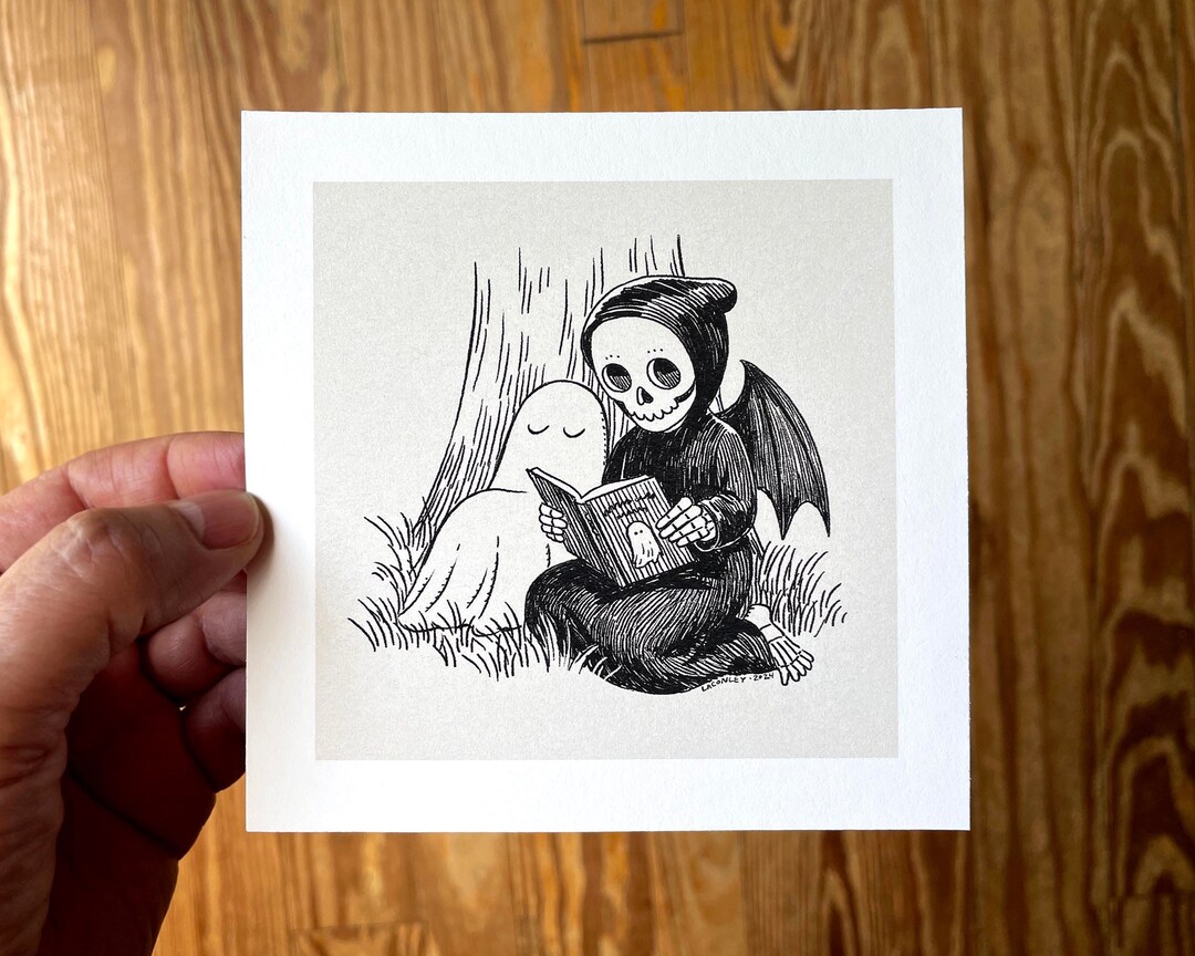 5x5 Spooky Art Print, Cute Grim Reaper Reading a Story With Sleeping ...